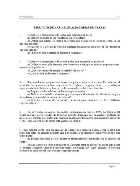 4 1 Ejercicios De Variables Aleatorias Discretas Pdf Variable Aleatoria Desviación Estándar