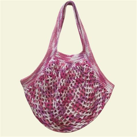 Crochet Mesh Grocery Bag Pink And White Cotton Tote Reusable Market