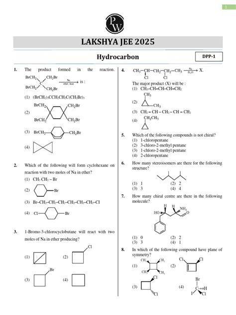 Hydrocarbon Dpp 01 Lakshya Jee 2025 Merged Pdf Chlorine Alkane