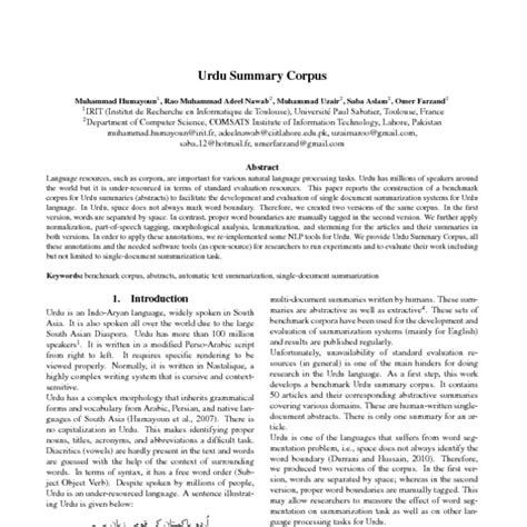Urdu Summary Corpus Acl Anthology