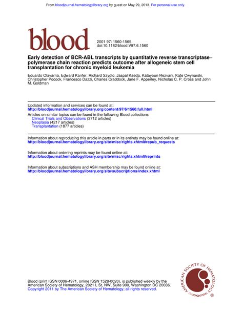 Pdf Early Detection Of Bcr Abl Transcripts By Quantitative Reverse Transcriptase Polymerase