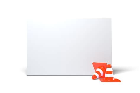 3d 렌더링 일러스트 오렌지 플라스틱 트래픽 콘과 흰색 배경에 격리 된 흰색 빈 보드 스트라이프 아이콘이 있는 사실적인 주황색 도로 콘 3차원 형태에 대한 스톡 사진 및