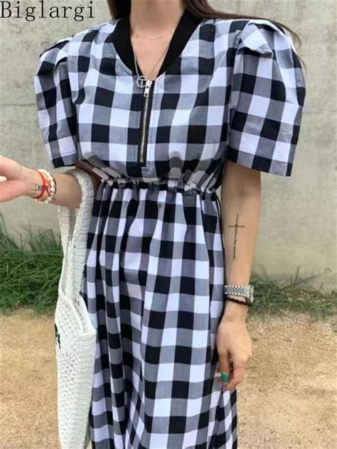 캐주얼 프린트 퍼프 슬리브 지퍼 프릴 드레스 여성용 블랙 화이트 격자 무늬 풀오버 긴 드레스 여름 패션 Aliexpress