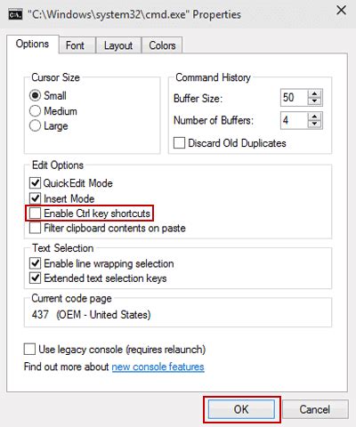 Disable Or Enable Ctrl Key Shortcuts In CMD In Windows 10