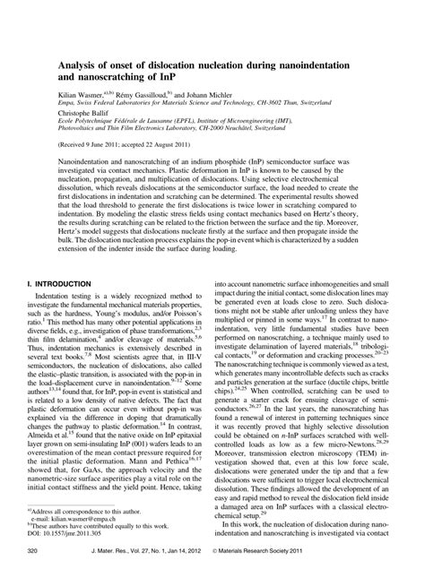 Pdf Analysis Of Onset Of Dislocation Nucleation During Nanoindentation And Nanoscratching Of Inp