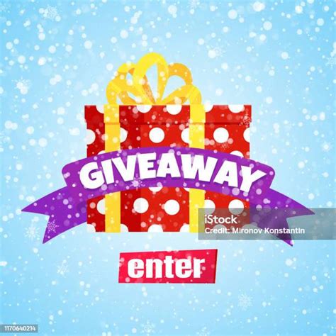 소셜 미디어 플랫 스타일 디자인 벡터 일러스트에서 수상자를위한 경품 겨울 선물 개념 인터넷 제공 포스터 블로거 상품 발표 무작위 퀴즈 전단지 전단지 눈 배경에 가능성에 대한