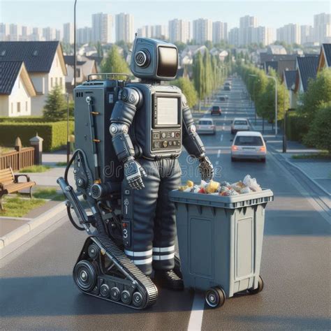 Retro Style Robot Collecting Garbage In Suburban Neighborhood Stock Image Image Of Residential