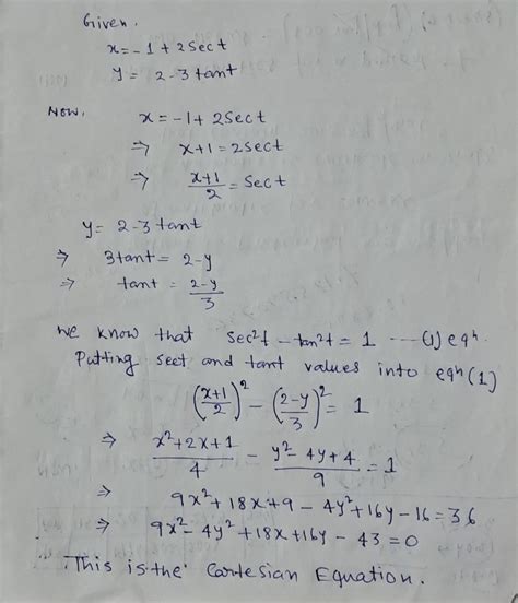 [solved] make a cartesian equation using the parametric equations