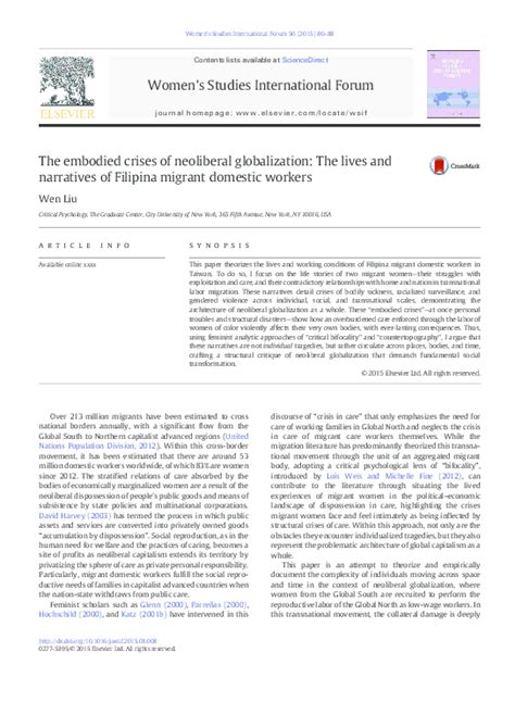 Pdf The Embodied Crises Of Neoliberal Globalization The Lives And Narratives Of Filipina