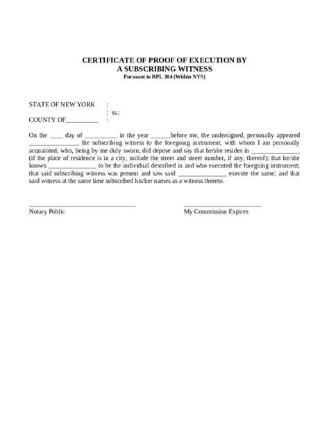 Certificate Of Proof Of Execution By A Subscribing Witness Doc Template