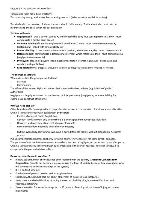 Lecture 1 Introduction Lecture 1 Introduction To Law Of Tort Tort