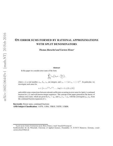 Pdf On Error Sums Formed By Rational Approximations With Split