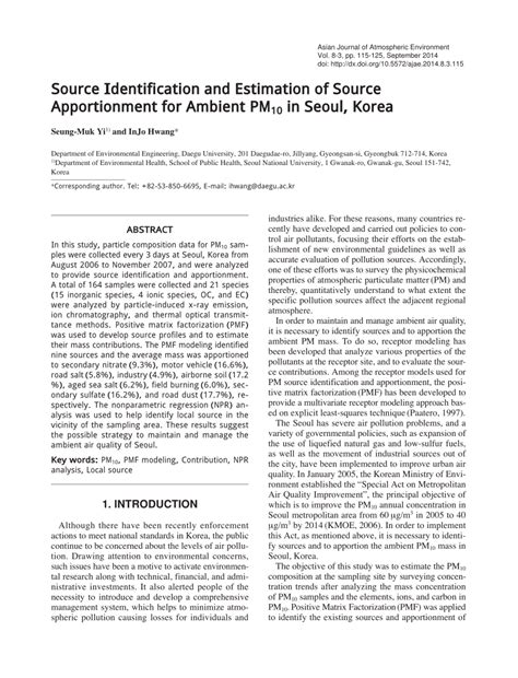 Pdf Source Identification And Estimation Of Source Apportionment For Ambient Pm 10 In Seoul Korea