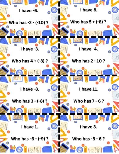 I Have Who Has Integer Addition And Subtraction Card Game Tpt