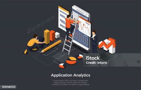 모바일 응용 프로그램의 연구 및 개발의 아이소메트릭 개념 사람들은 모바일 애플리케이션 분석 작업을 하고 있습니다 벡터 일러스트레이션 휴대용 통신 기기에 대한 스톡 벡터 아트