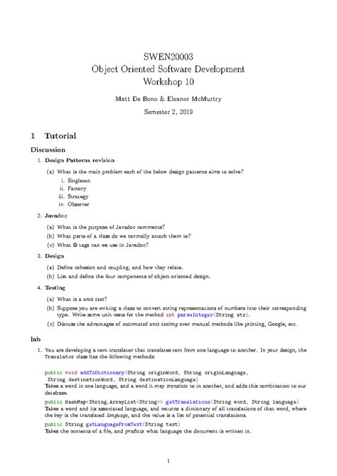 Tutorial 10 Tutorial Sheet Of Week 11 Swen Object Oriented Software