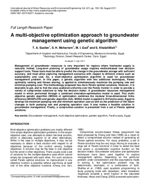 Pdf A Multi Objective Optimization Approach To Groundwater Management