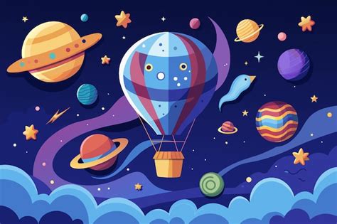 воздушный шар летящий по небу с планетами Анимационная инфографика объясняющая стадии водного