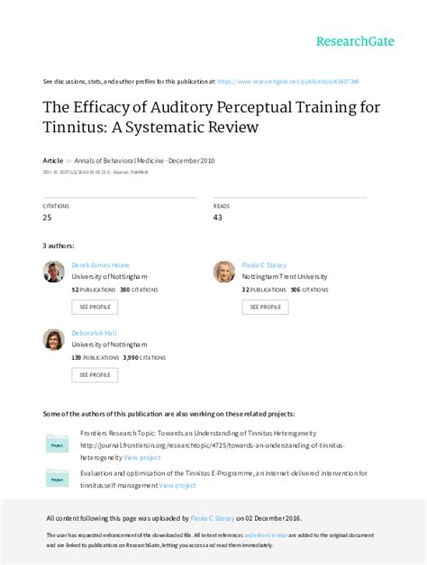 Pdf The Efficacy Of Auditory Perceptual Training For Tinnitus A