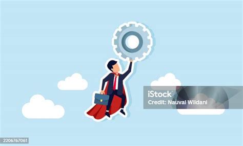 슈퍼 사업가가 하늘에 비행 기어 시스템을 들어 올리는 것은 비즈니스 시스템 효율성에 대한 최대 노력을 보여줍니다 개발에 대한 스톡 벡터 아트 및 기타 이미지 Istock