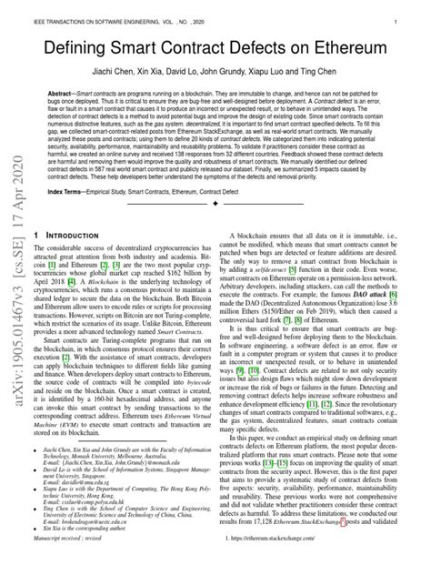 Defining Smart Contract Defects On Ethereum Jiachi Chen Xin Xia David Lo John Grundy Xiapu