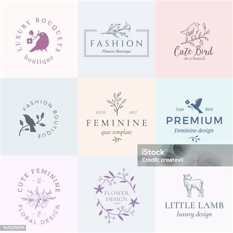 추상 여성 벡터 레이블 템플릿 세트 레트로 꽃 삽화와 고급스러운 타이포그래피 새와 양고기 미용실 Spa 웨딩 부티크 등을 위한 프리미엄 품질 엠블럼 격리 보살핌에 대한 스톡