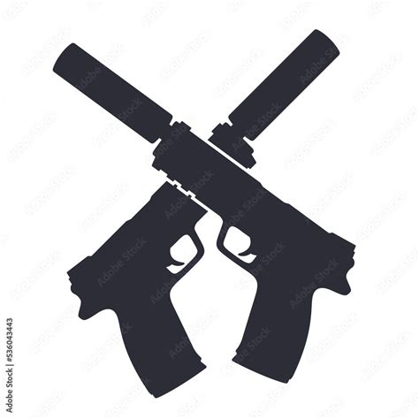 Pistols Silhouette Handguns With Silencers Print With Crossed Guns