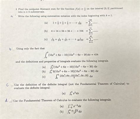 solved 1 find the midpoint riemann sum for the function f x