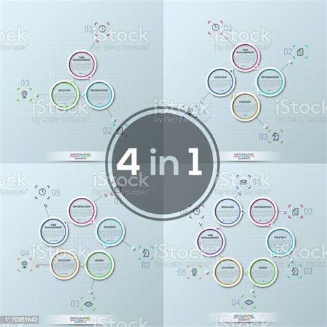 네 개의 현대적인 인포 그래픽 디자인 레이아웃의 컬렉션 3 4 5 6 라운드 요소는 중앙 주위에 배치하고 연속적으로 화살표
