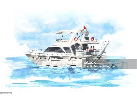 바다 보트 파도와 푸른 하늘에 요트 흰색 배경에 격리된 손으로 그린 수채화 그림 요트 레크리에이션 선박에 대한 스톡 벡터 아트 및 기타 이미지 요트 레크리에이션 선박