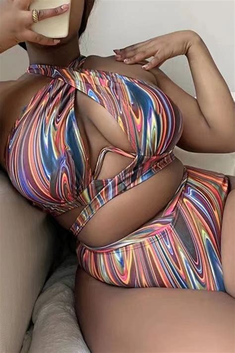 Wholesale Colour Sexy Print Bandage Patchwork Halter Plus Size Swimwear