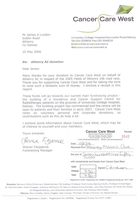 2005 Cancer Care West Donation Letter Athenry Ac