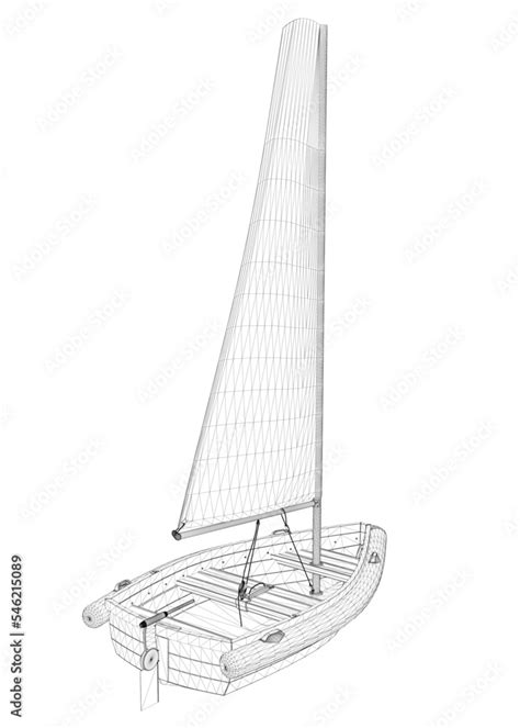 Wireframe Of A Small Boat With A Sail Made Of Black Lines Isolated On A White Background Back