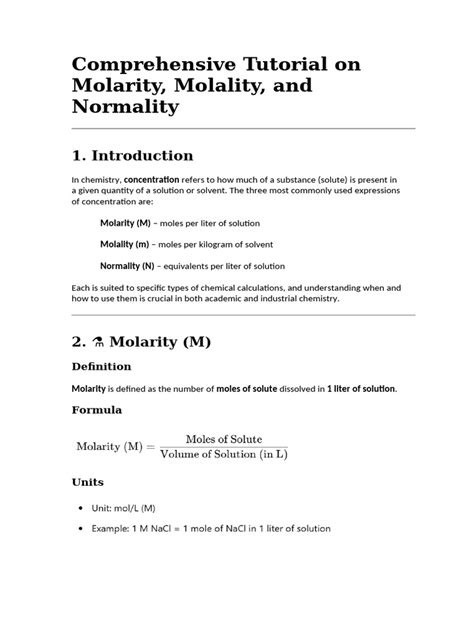 Comprehensive Tutorial On Molarity Molality And Normality Pdf