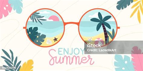 여름 해변 선글라스 반사 해변 휴가 야자수 바다 모래가 있는 여행자 만화 포스터 레이시 벡터 재미 여행 배경 야자 나무 Arecales에 대한 스톡 벡터 아트 및 기타