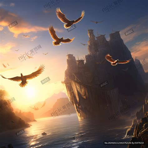 Ai创作图日出飞鸟太阳红日群山 展翅高飞背景 魔幻场景插画 神话场景图 Cg场景 古代海洋场景 动画场景海报 古代捍海筑塘场景 日出与飞鸟