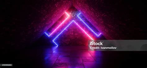 공상 과학 미래 레트로 벽돌 거친 벙커 룸 터널 복도 그런 지 시멘트 콘크리트 레이저 네온 블루 퍼플 사이버 쇼룸 무대 배경 3d 렌더링 0명에 대한 스톡 사진 및 기타