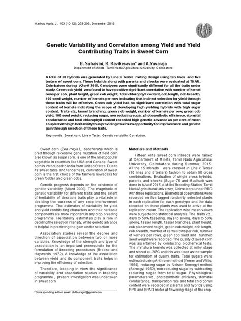 Genetic Variability And Correlation Among Yield And Yield Contributing Traits In Sweet Corn