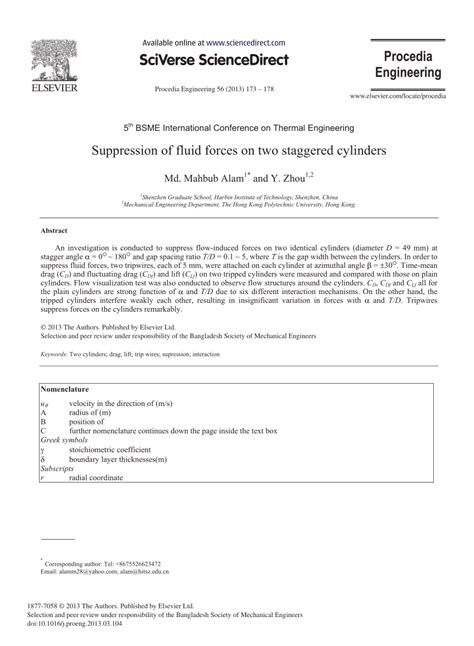 Pdf Suppression Of Fluid Forces On Two Staggered Cylinders