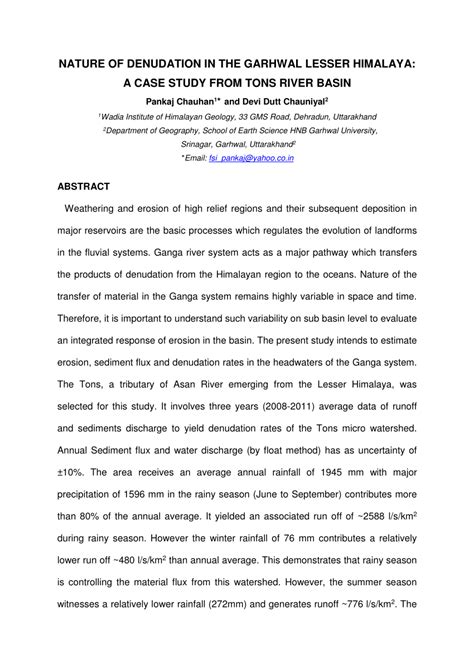 PDF NATURE OF DENUDATION IN THE GARHWAL LESSER HIMALAYA A CASE STUDY FROM TONS RIVER BASIN