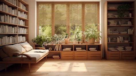Modern Room With Large Window Plants Bookshelf Background Image For
