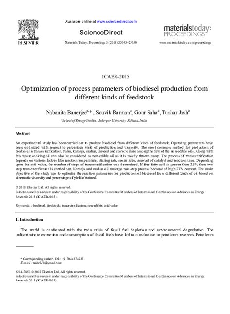 Pdf Optimization Of Process Parameters Of Biodiesel Production From