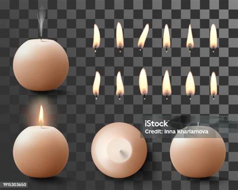 향기로운 둥근 왁스 굽기 촛불과 불 불꽃 심지 다른 모양이 투명한 배경에 고립되어 있습니다 애니메이션을 위한 사실적인 불타는 양초 3d 벡터 일러스트 레이 션입니다 3차원