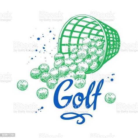 골프 볼과 바구니입니다 손으로 그린 스포츠 장비의 벡터 집합입니다 흰색 바탕에 스케치 스타일에서 그림입니다 디자인에 대 한 브러시 서 예 요소입니다 필기 잉크 레터링