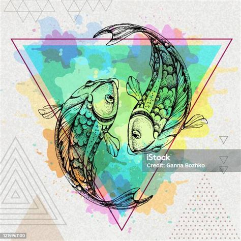 예술적인 다각형 수채화 배경에 힙스터 사실적인 잉어 물고기 그림 물고기자리 조디악 기호 라인아트에 대한 스톡 벡터 아트 및 기타