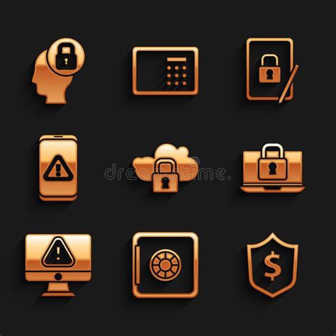 set cloud computing lock safe shield with dollar laptop and monitor