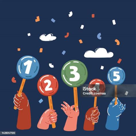 둥근 카드 또는 점수의 양이있는 표지판을 들고있는 손의 컬렉션의 만화 벡터 일러스트 레이 션은 경쟁 토너먼트 또는 경연 대회에서 얻은 것입니다 심사위원의 투표 하나에서 다섯