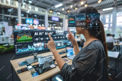 AI engineer interacting with augmented reality interface in a high tech laboratory holographic ...
