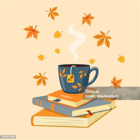가을 나뭇잎이 떨어지는 책에 뜨거운 차 한 잔의 벡터 가을 그림 가을에 대한 스톡 벡터 아트 및 기타 이미지 가을 책 아늑한 Istock