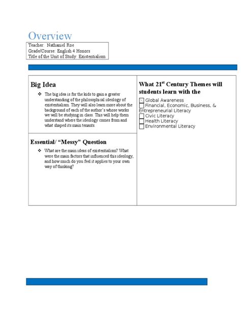 Existentialism Unit Plan Pdf Existentialism Educational Assessment